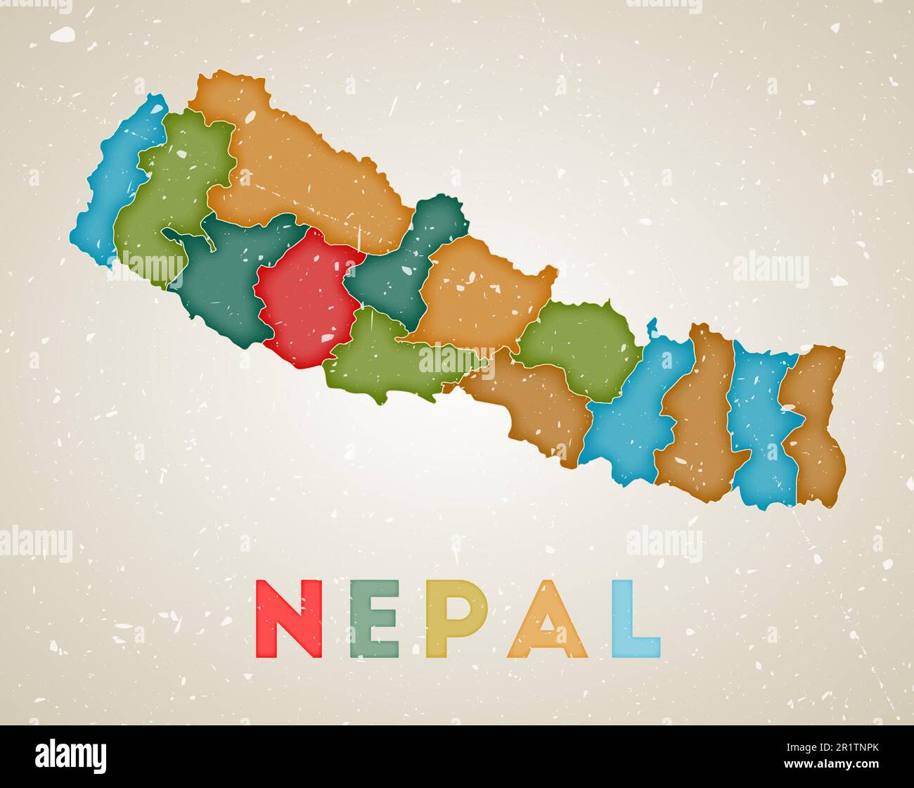 Nepal map. Country poster with colored regions. Old grunge texture ...