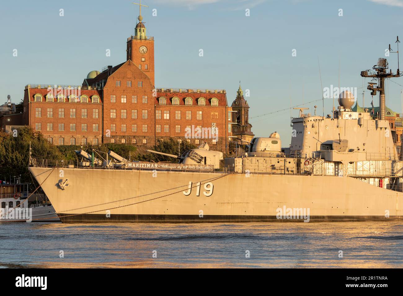 Evening light on HMS Smaland, Halland Class destroyer in Maritiman ...