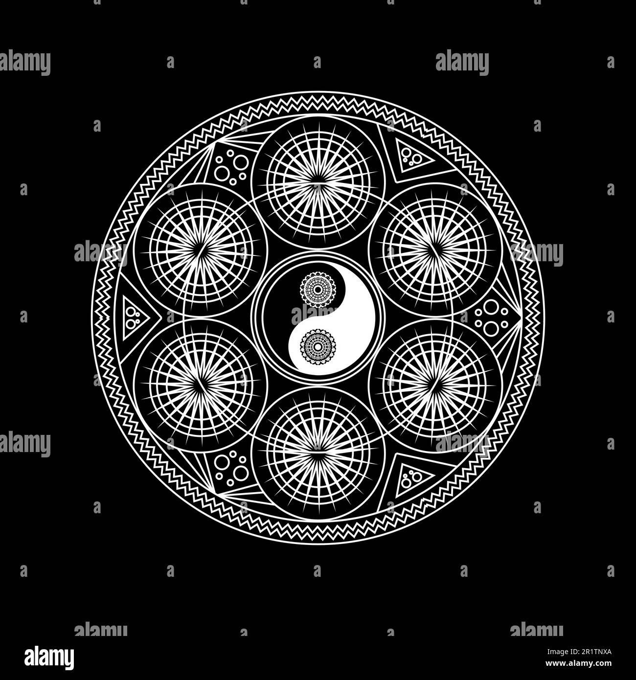 Mandala Oriental Pattern with Yin Yand Sign Outline on Black Background ...