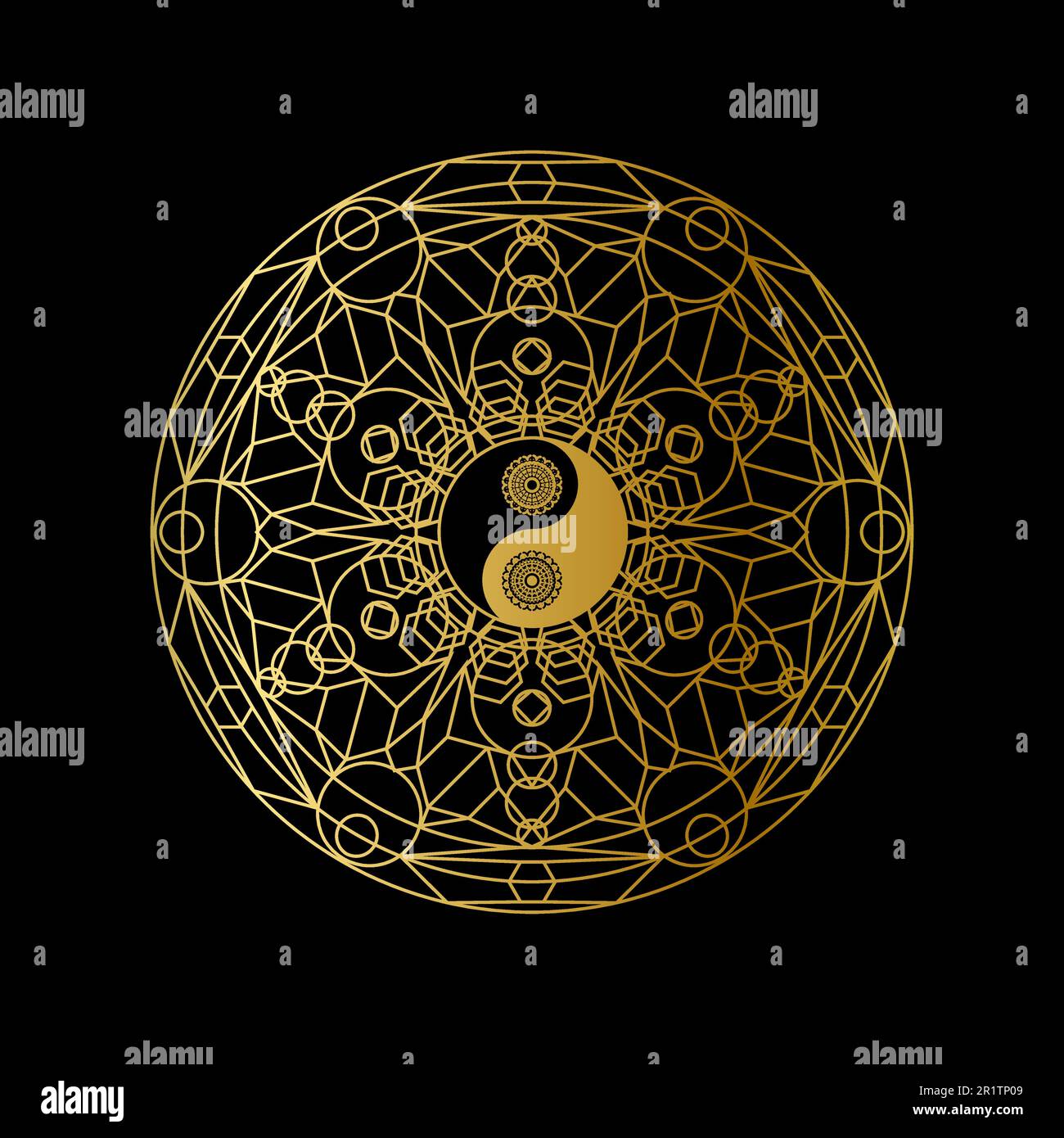Meditation Icon Template with Golden Yin Yang Sign In Mandala Outline ...