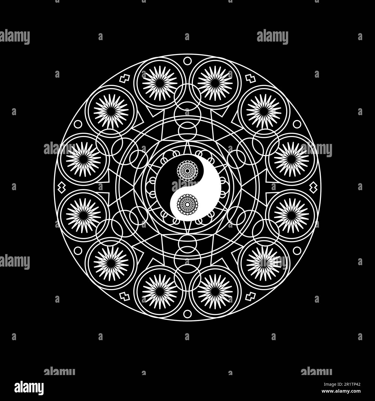 Mandala Oriental Pattern with Yin Yand Sign Outline on Black Background ...