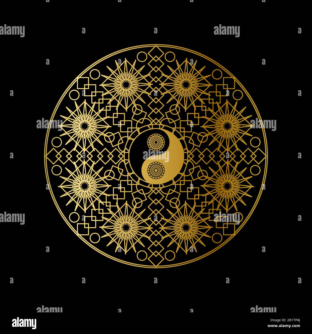 Meditation Icon Template with Golden Yin Yang Sign In Mandala Outline ...