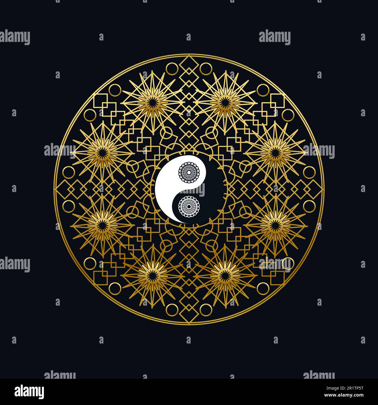 Meditation Icon Template with Golden Yin Yang Sign In Mandala Outline ...