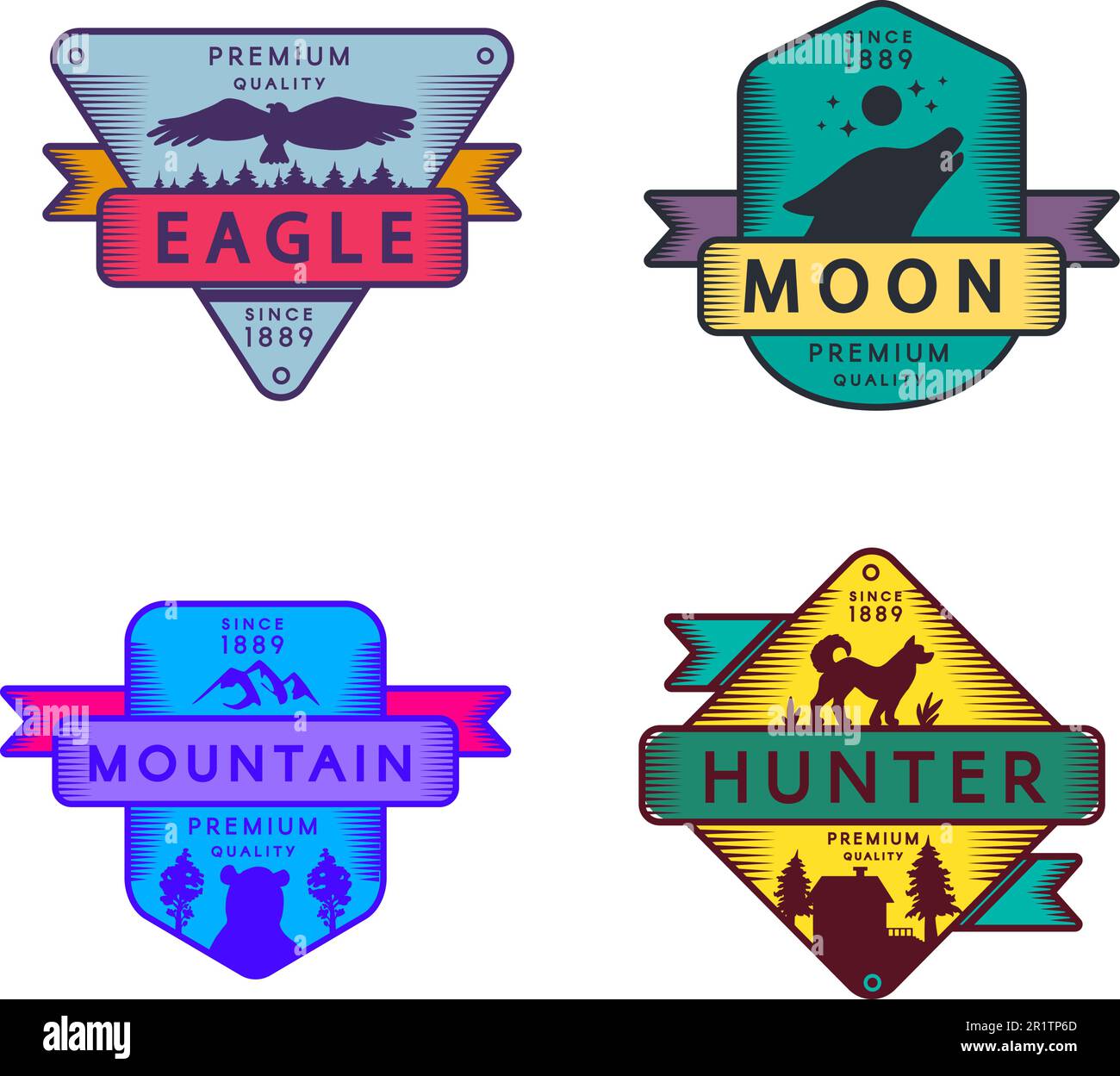 Fly Eagle and Hunter, Moon and Mountain Set Logo. Colorful Assortment ...