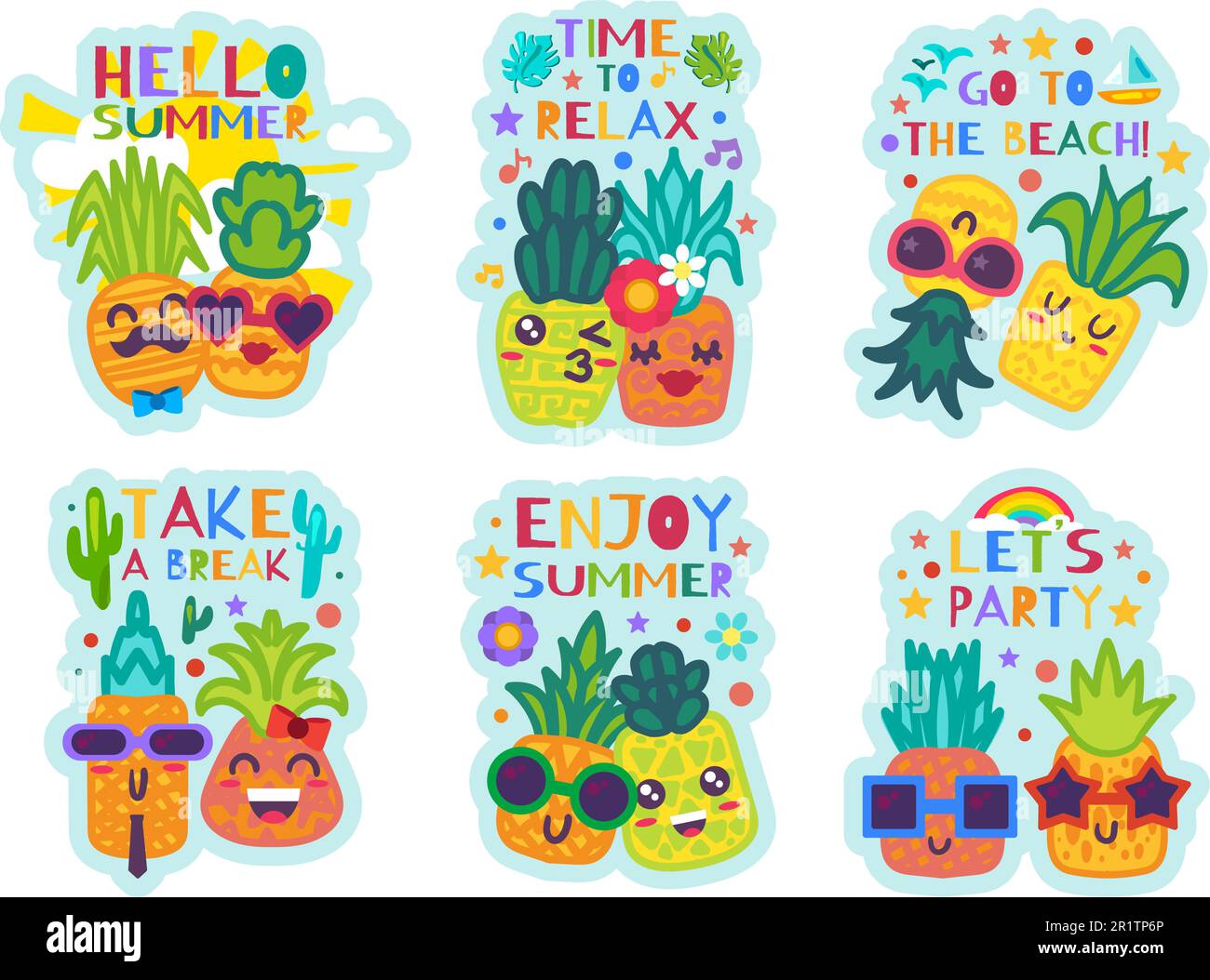 Hello Summer Stickers Set. Cute Cards Collection with Tropical Holiday ...
