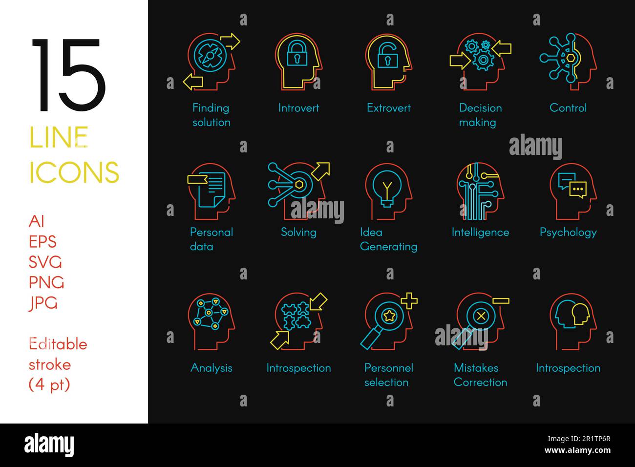 Mental activity color linear icons set. Analytical thinking blue and ...