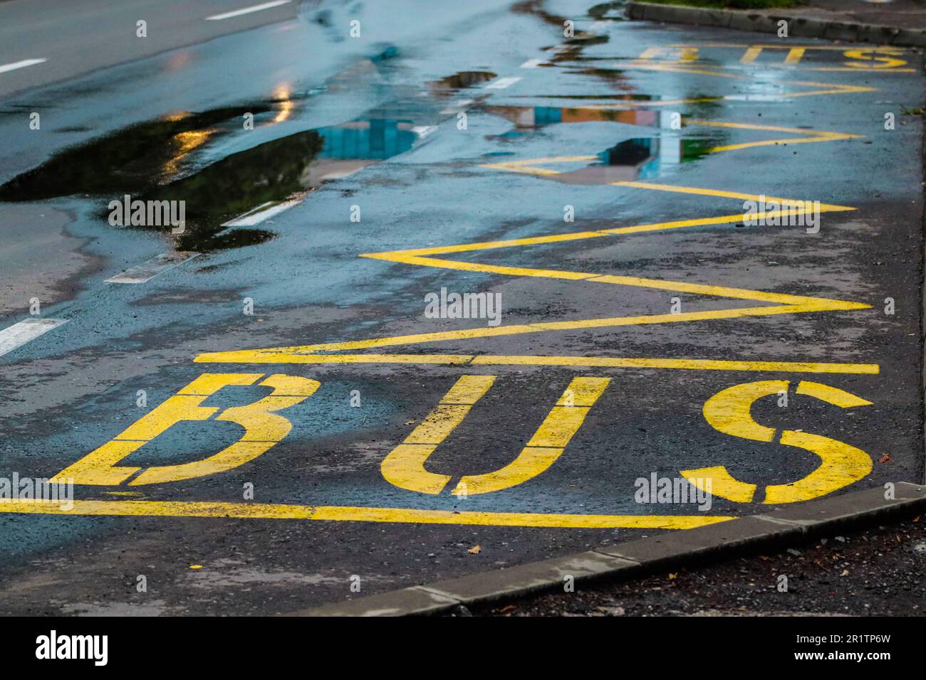 A Yellow bus station marking on the road after a rainy day Stock Photo ...