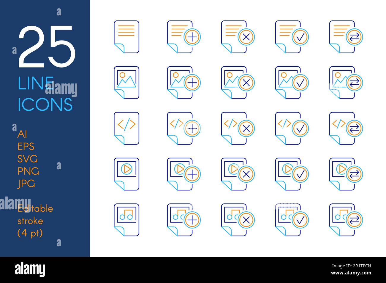 Documents and files color linear icons set. Data storage blue and yellow thin line pictograms ...