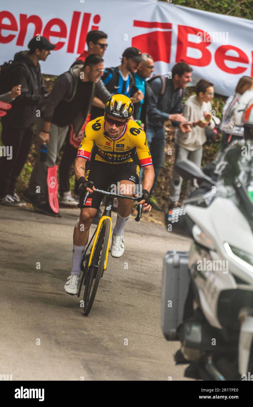 Italy, May 13, 2023: professional cyclists face the eighth stage of the ...