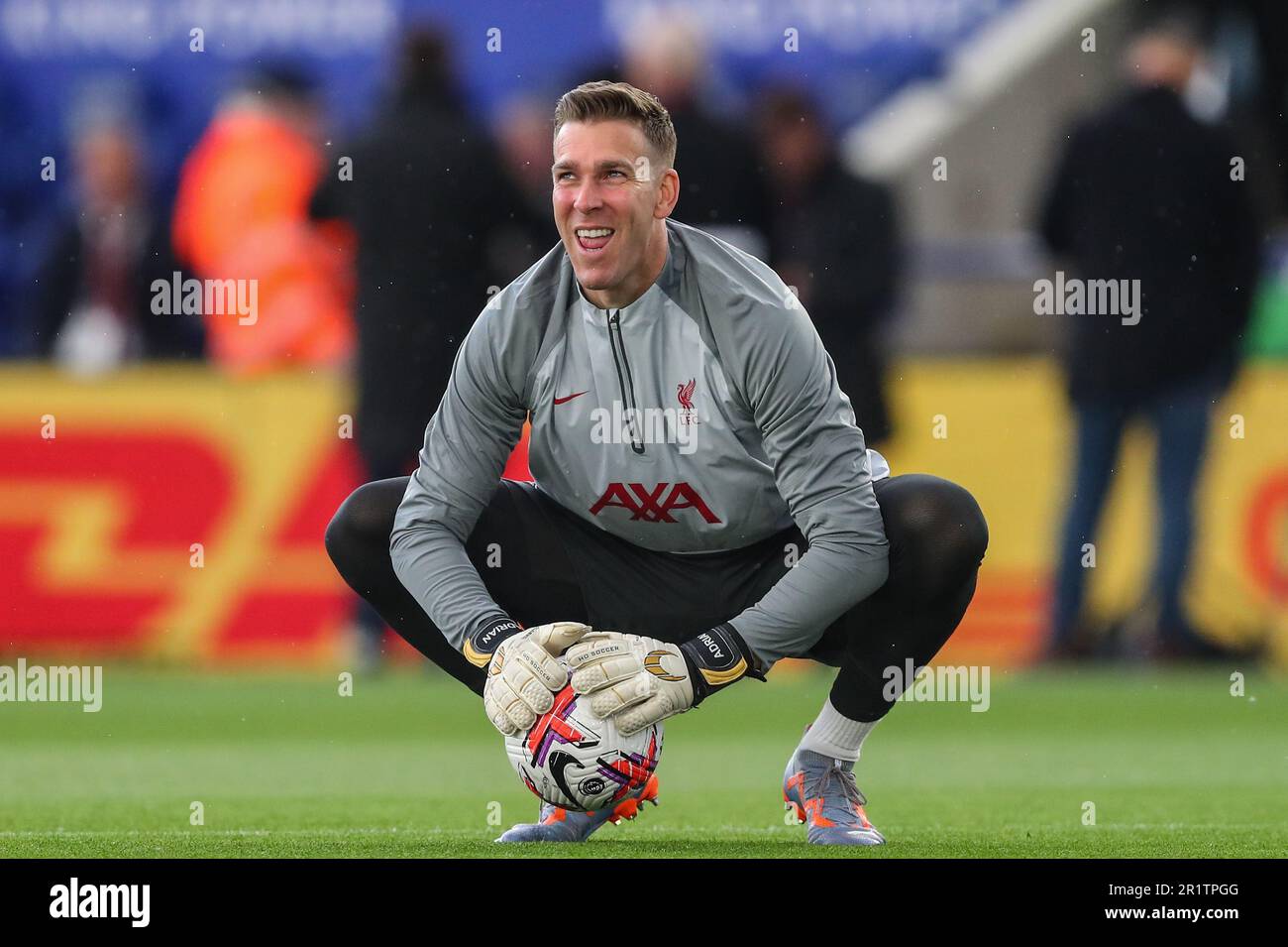 Leicester, UK. 15th May, 2023. Adrián #13 of Liverpool pre-match warm ...