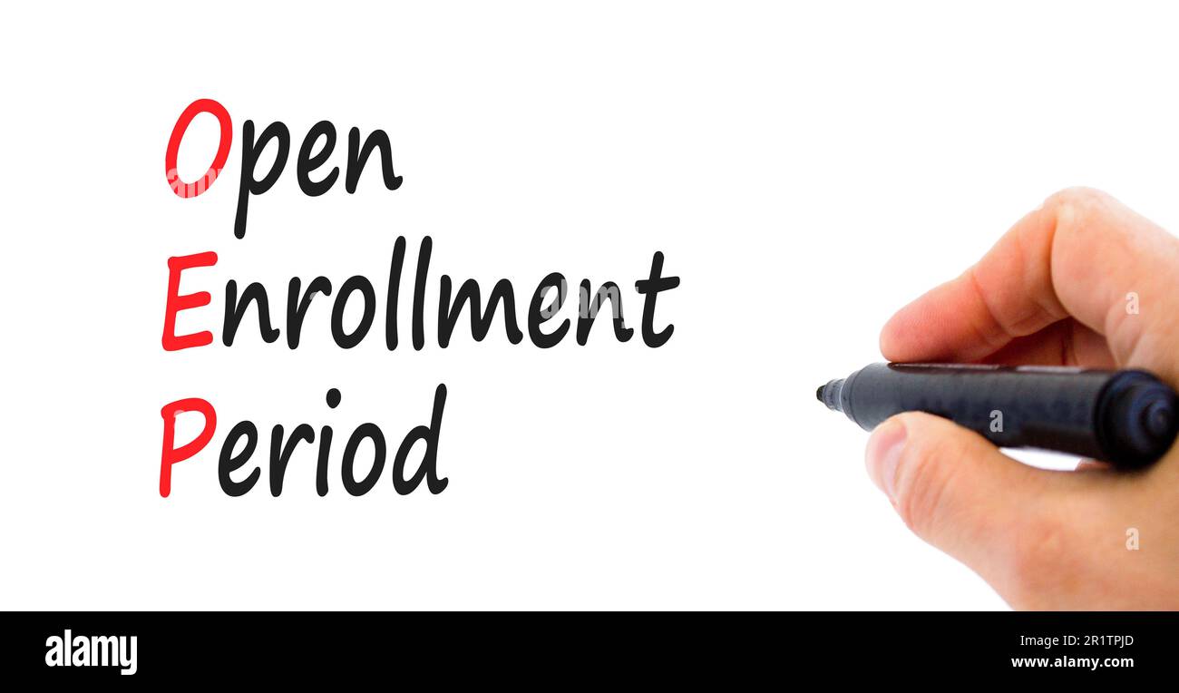 OEP symbol. Concept words OEP Open enrollment period on beautiful white ...