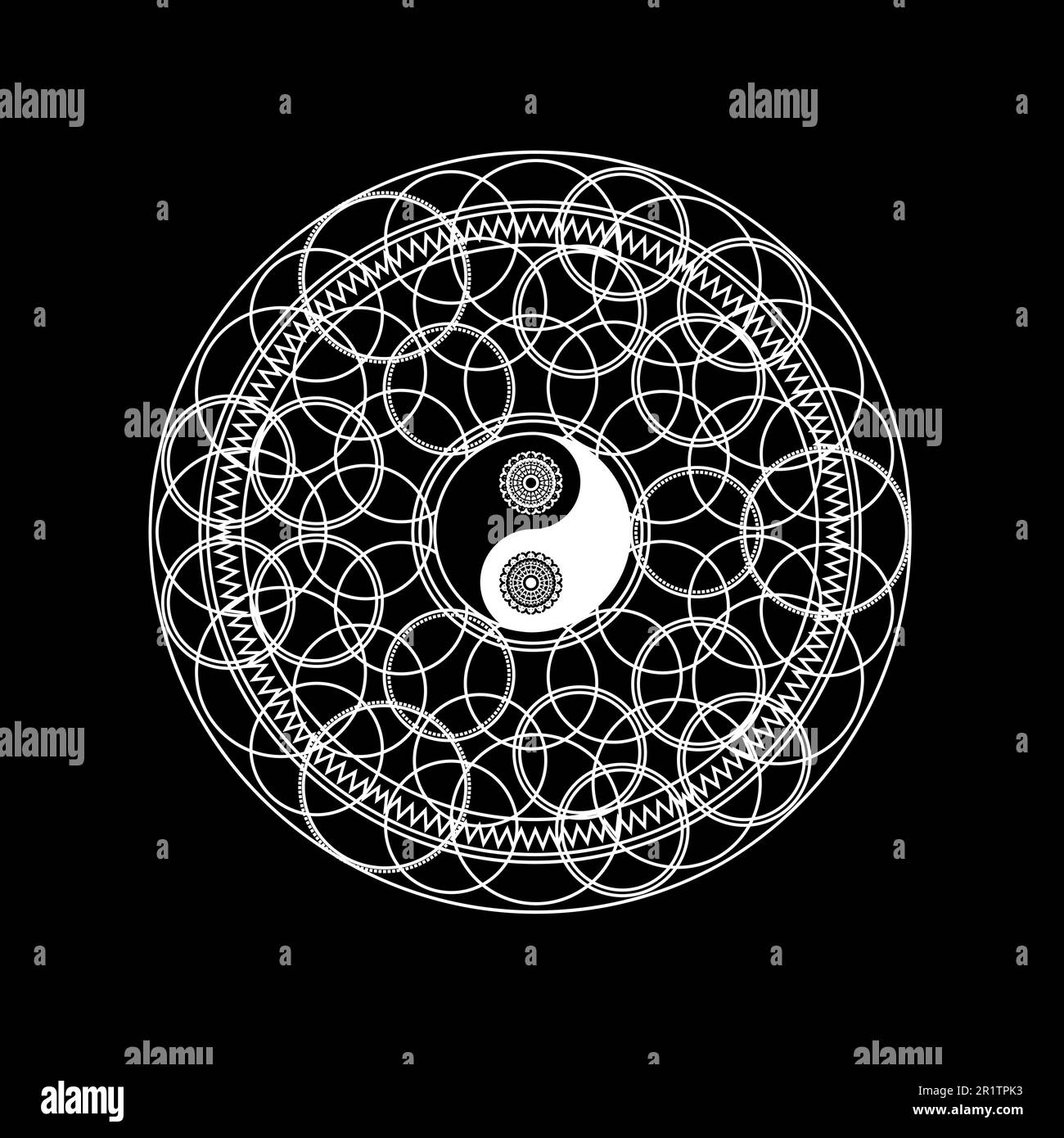 Mandala Oriental Pattern with Yin Yand Sign Outline on Black Background ...