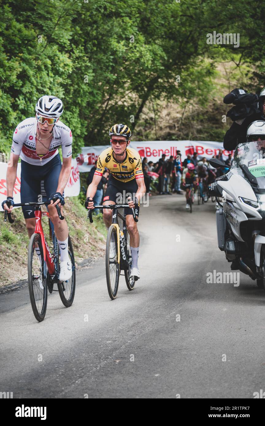 Italy, May 13, 2023: professional cyclists face the eighth stage of the ...