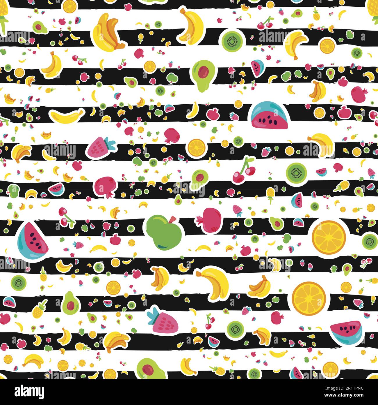 Exotic fruits on stripes seamless pattern. Summer fruit, cherry on ...