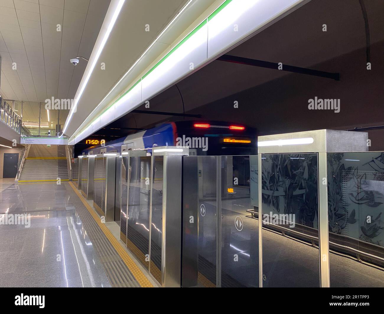 New blue modern subway train high speed fast safe in the big city on ...