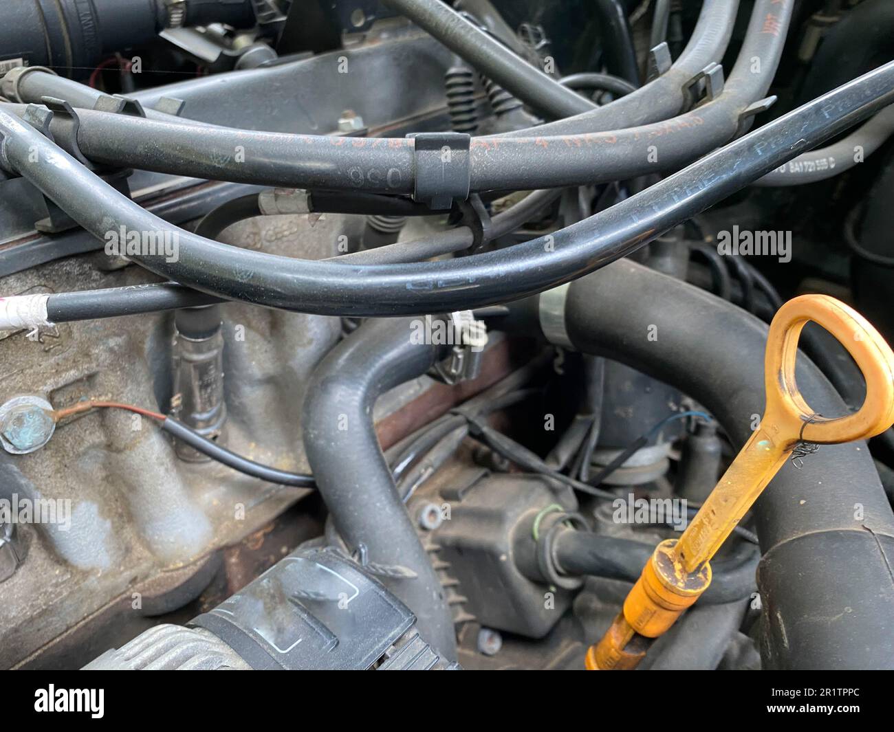 Old used diesel engine with rusty and dirty auto parts, water ...