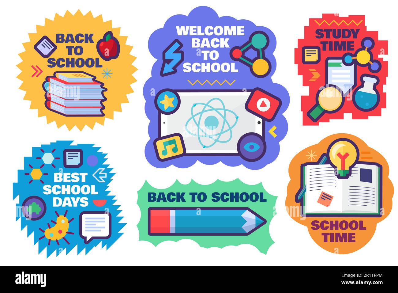 Back to school set of cute stickers with school supplies isolated on ...