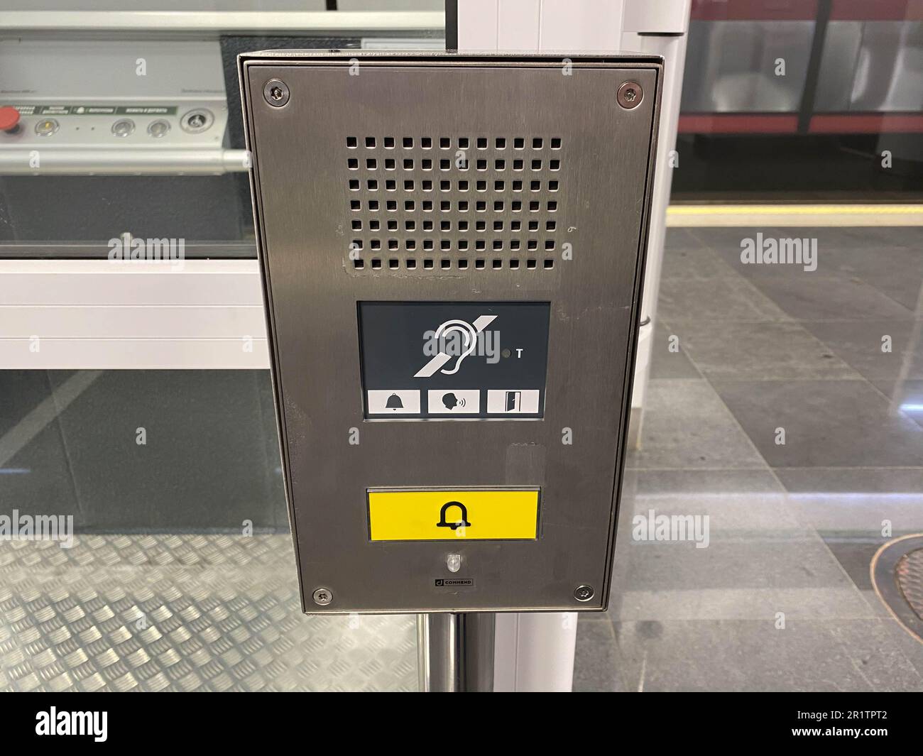 Large call button for an inclusive elevator in the subway or shopping ...