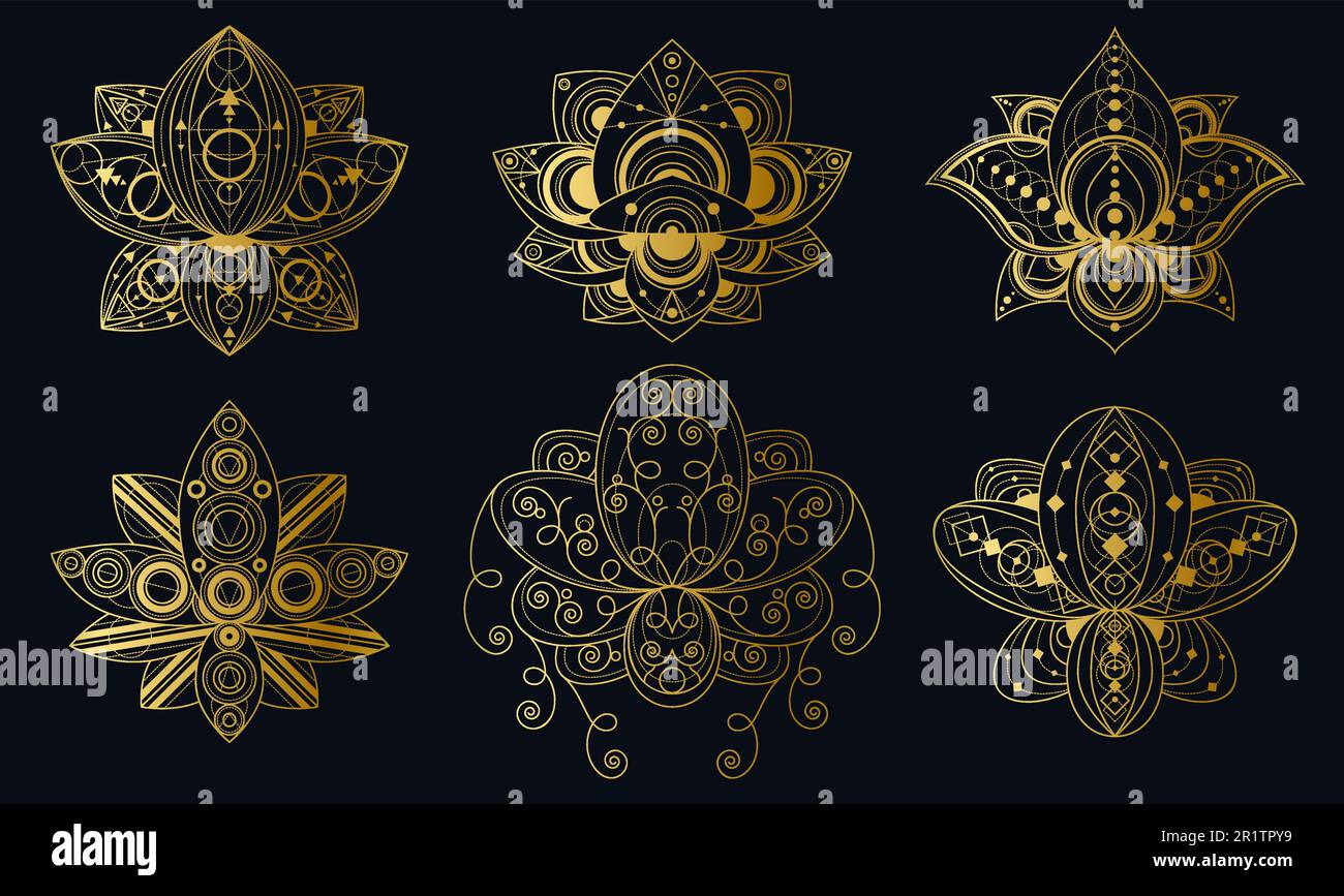 Lotus flower with geometric ornament linear illustrations set. Indian ...