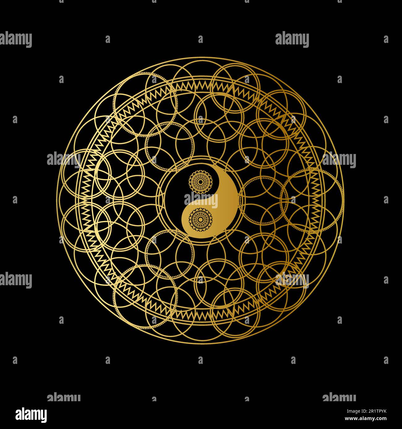 Meditation Icon Template with Golden Yin Yang Sign In Mandala Outline ...