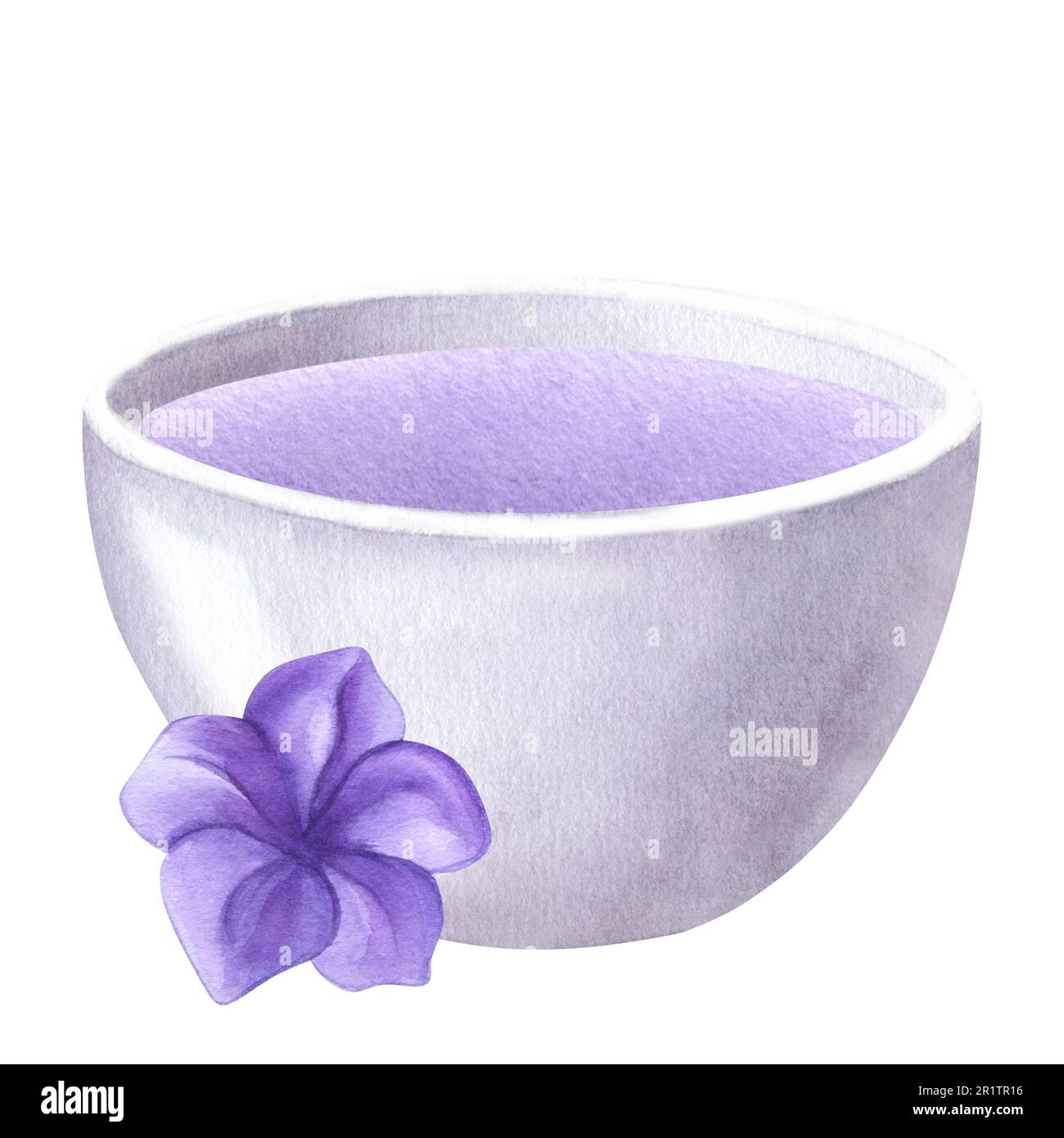 White bowl with purple water, oil, liquid lavender. Aromatherapy, spa ...