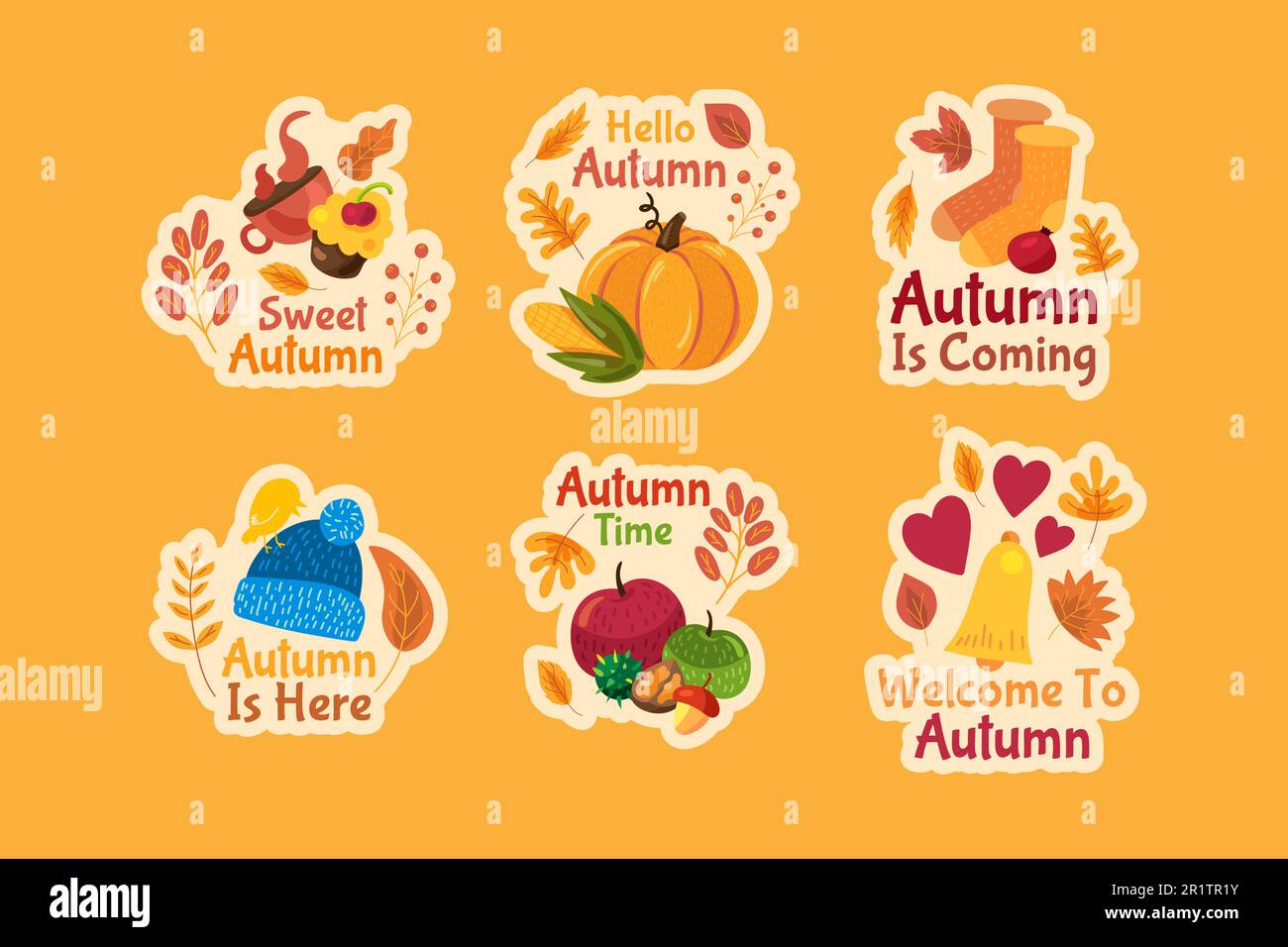 Set of autumn stickers. Cute cartoon autumn labels on orange background ...