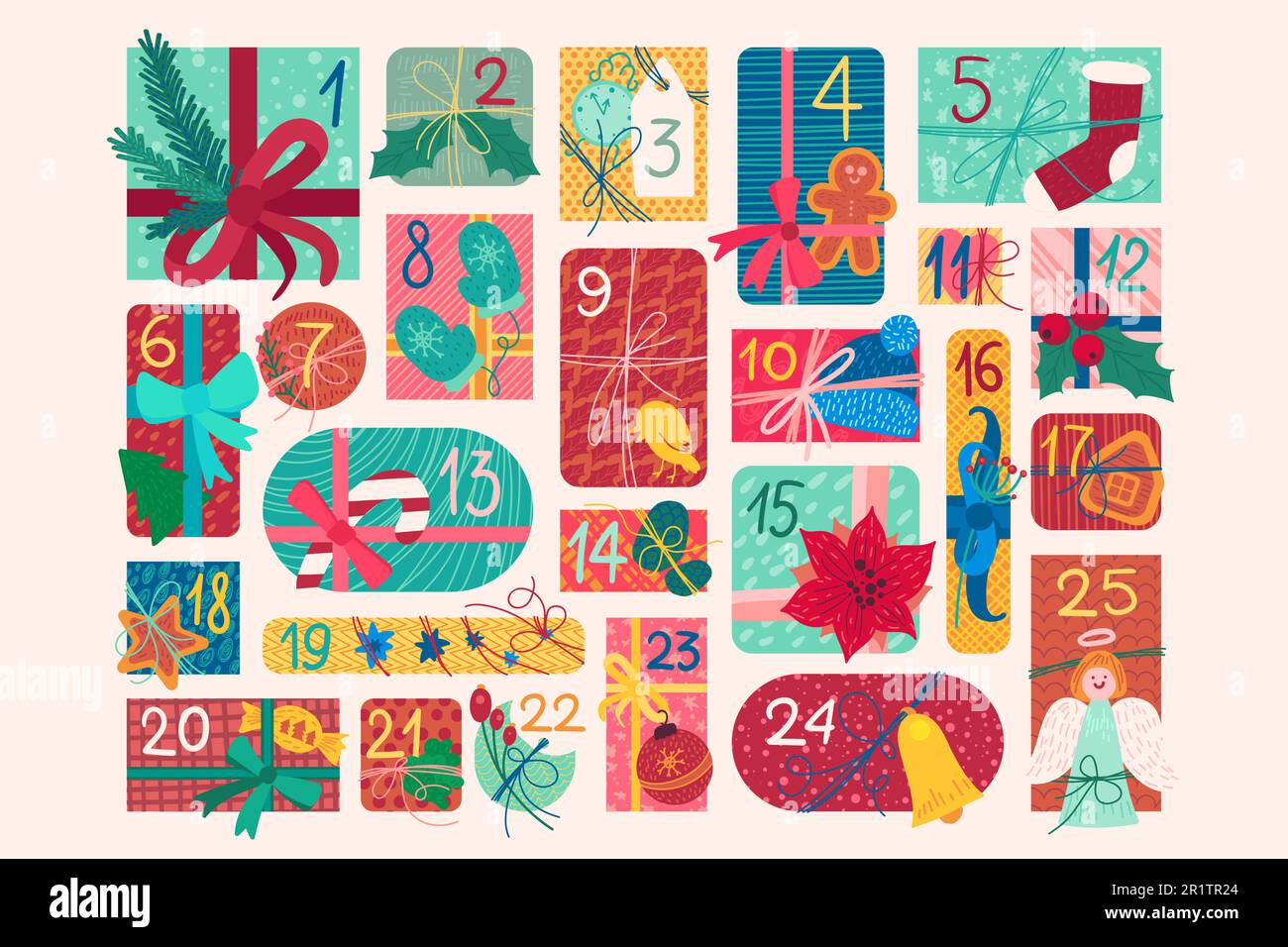 December festive advent calendar flat vector illustration. Christmas countdown. Gift boxes set ...
