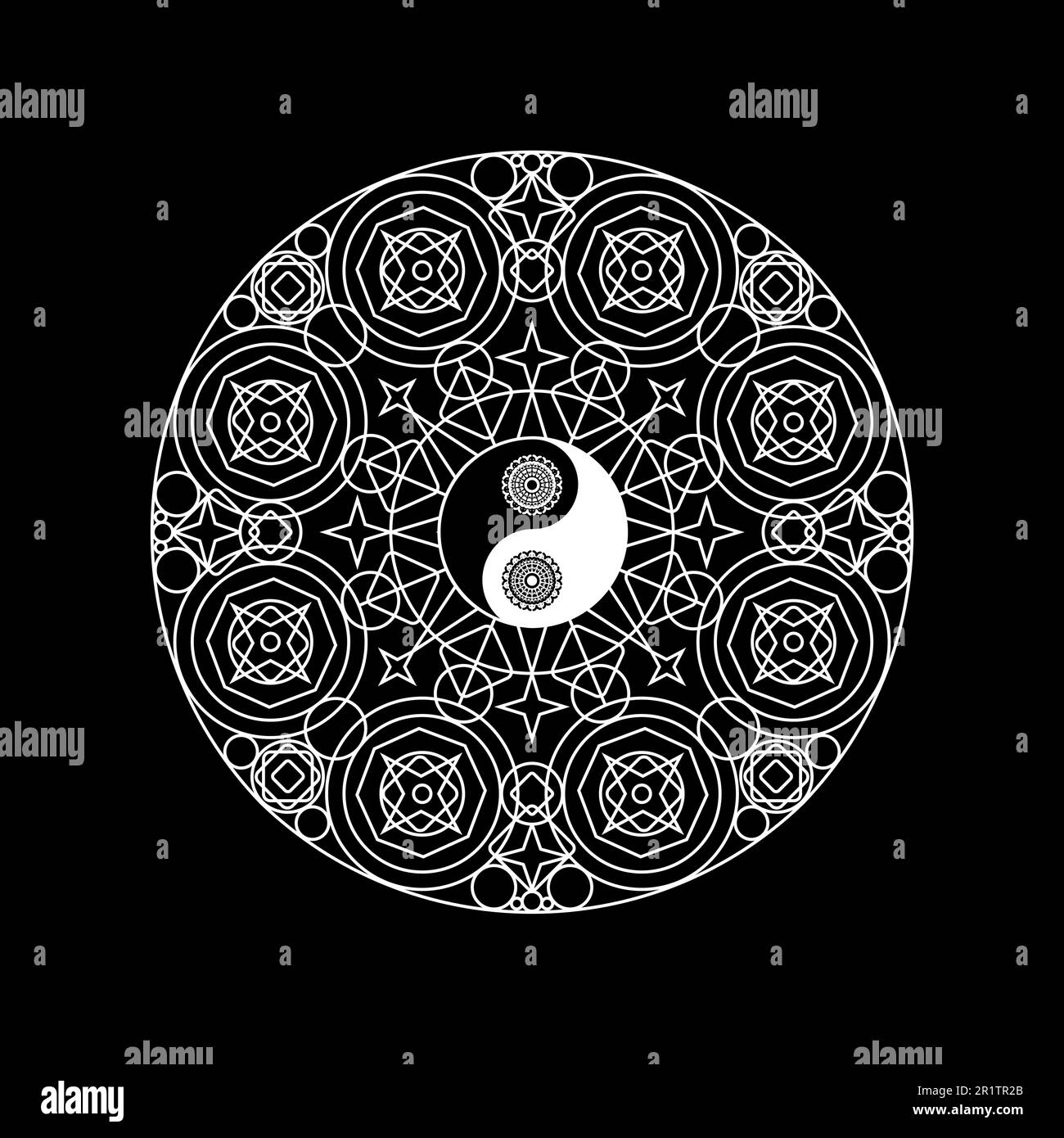 Mandala Oriental Pattern with Yin Yand Sign Outline on Black Background ...