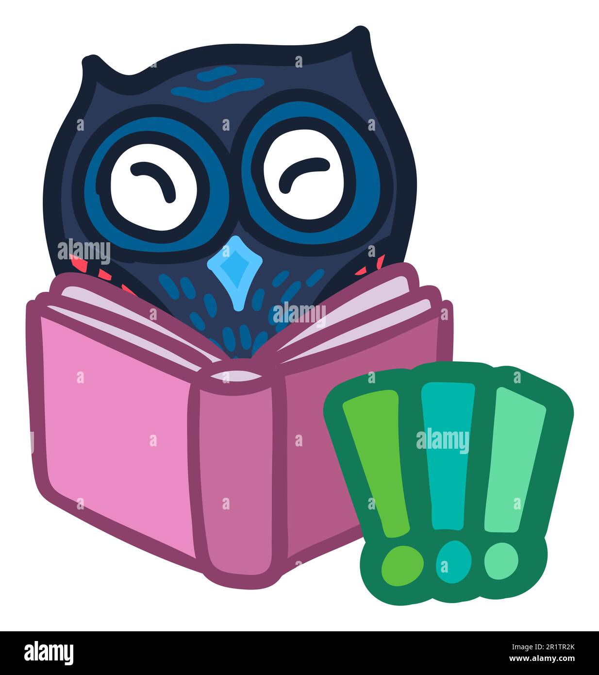 Cute bird reading book isolated on white background. Funny owl studying ...