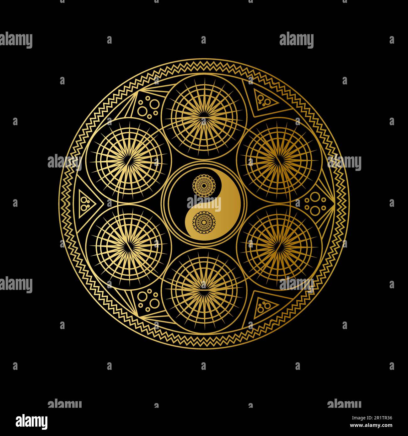 Meditation Icon Template with Golden Yin Yang Sign In Mandala Outline ...