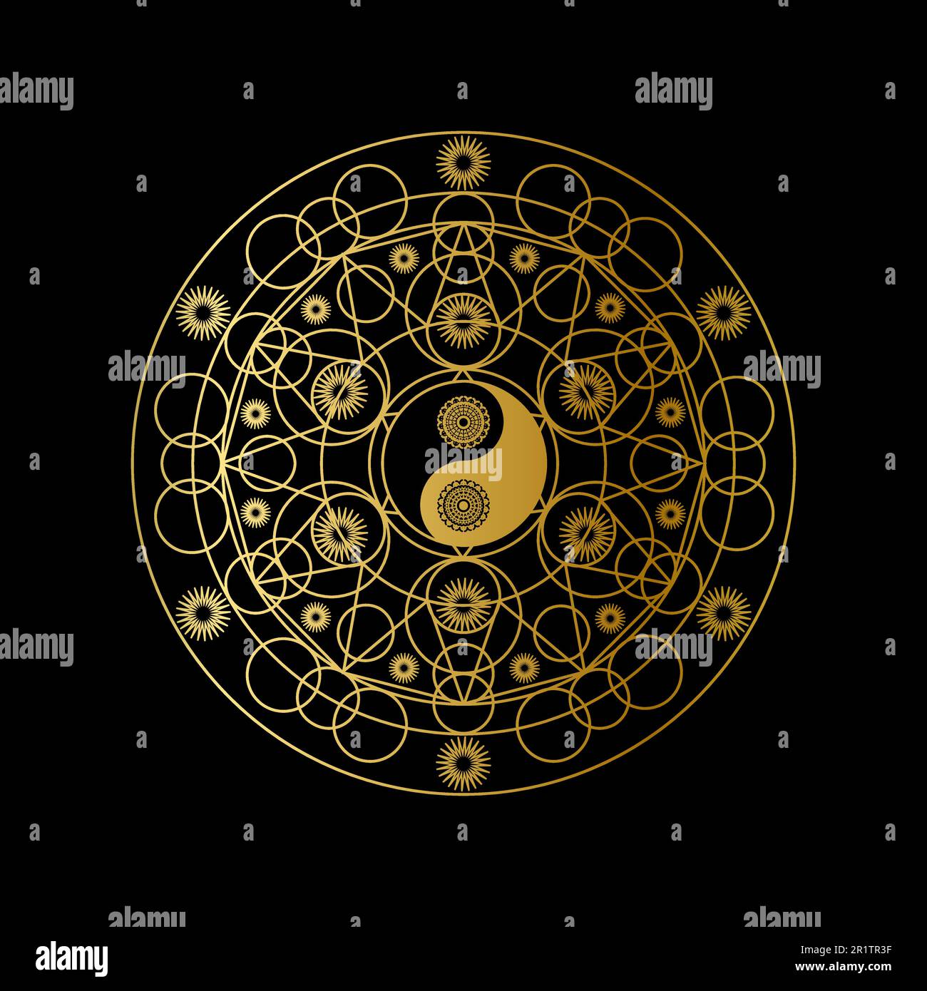 Meditation Icon Template with Golden Yin Yang Sign In Mandala Outline ...