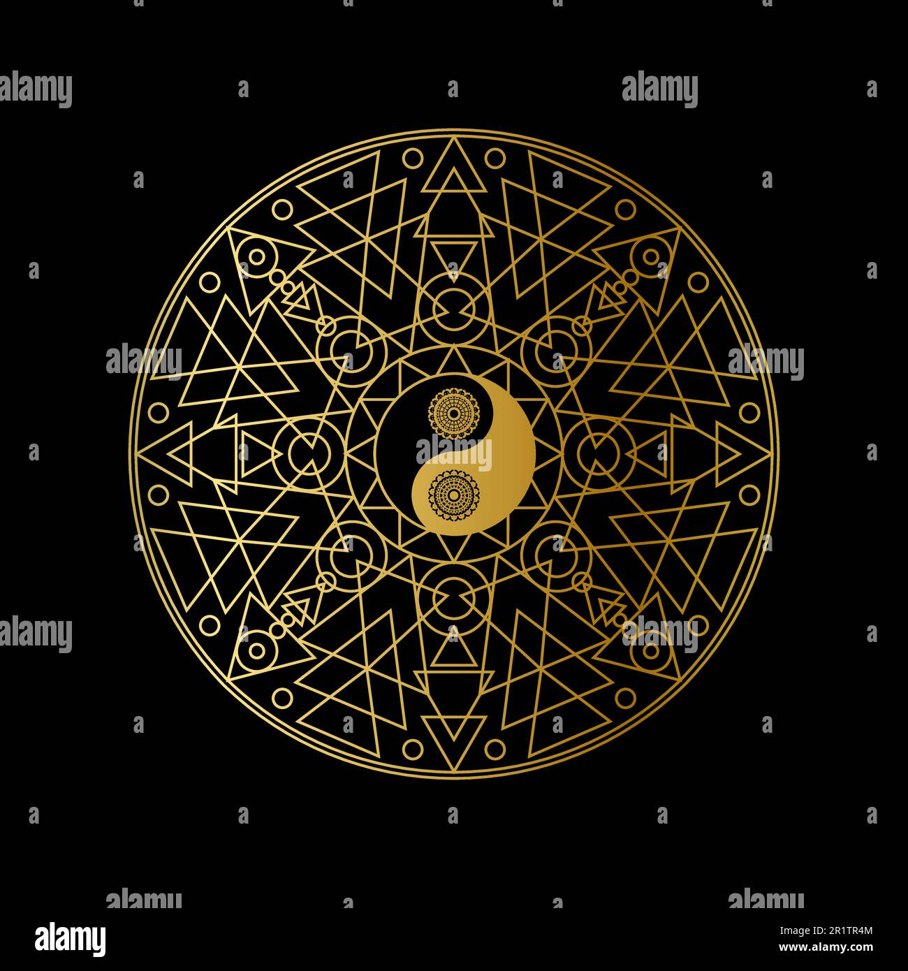 Meditation Icon Template with Golden Yin Yang Sign In Mandala Outline ...