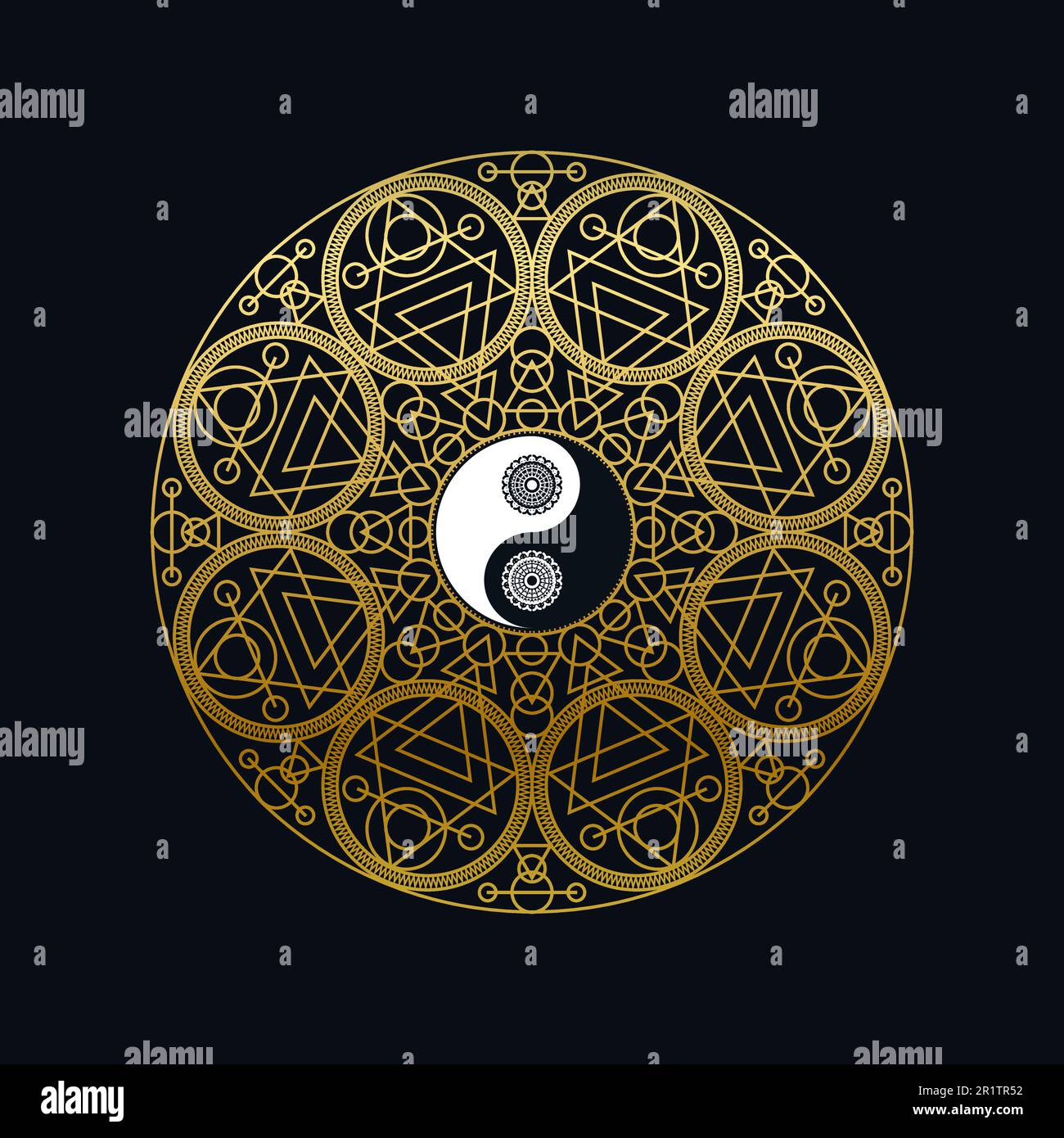 Meditation Icon Template with Golden Yin Yang Sign In Mandala Outline ...