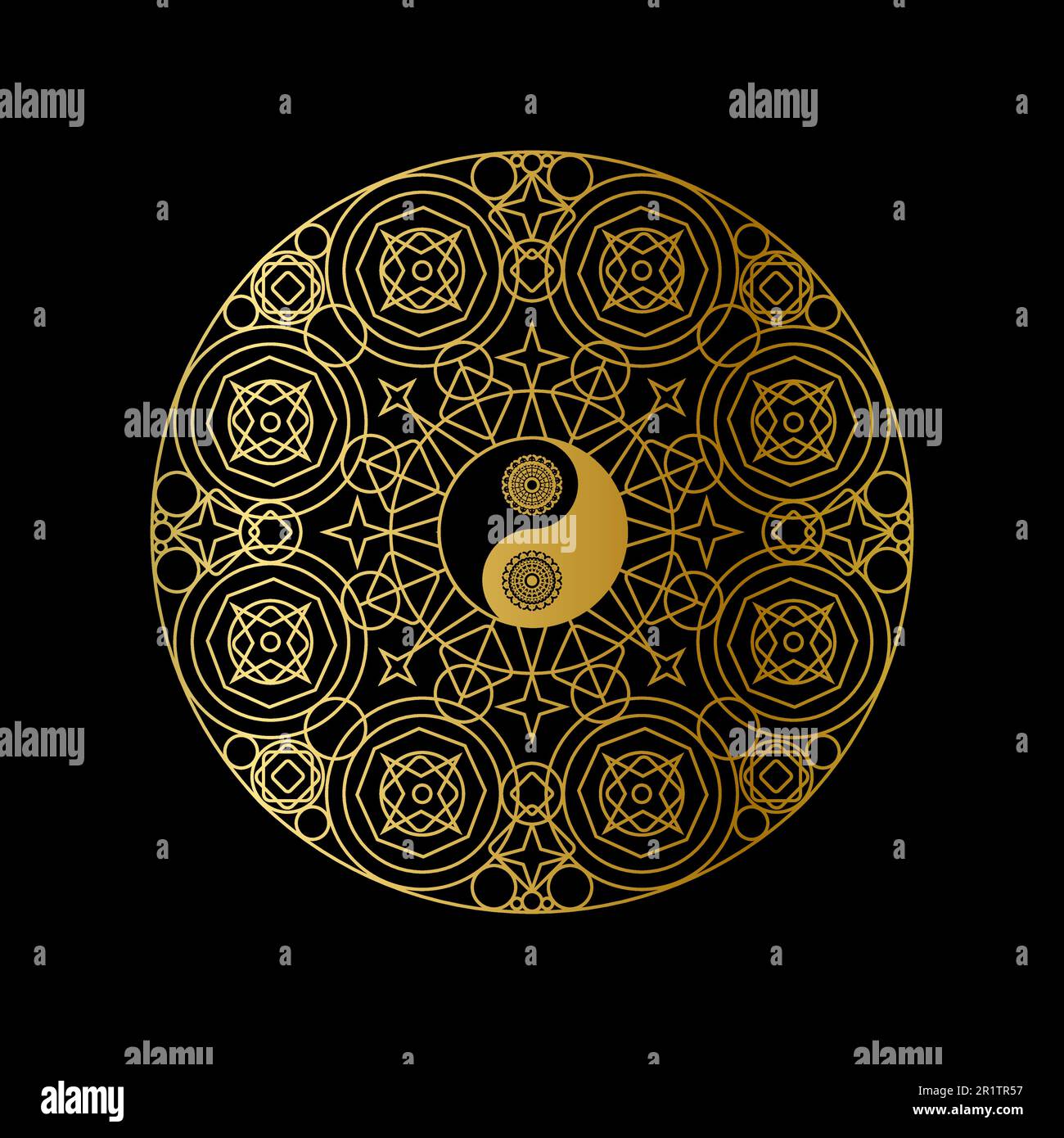 Meditation Icon Template with Golden Yin Yang Sign In Mandala Outline ...