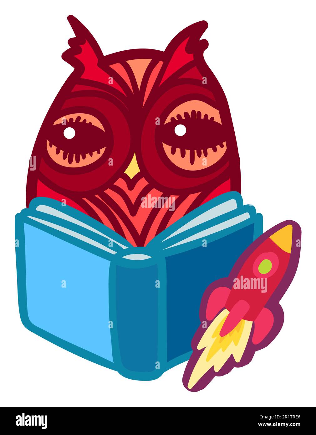 Funny owl reading book. Cute school label on white background isolated ...