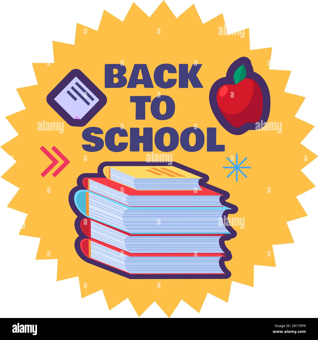 Back to school label with stack of books. Cute cartoon sticker for ...