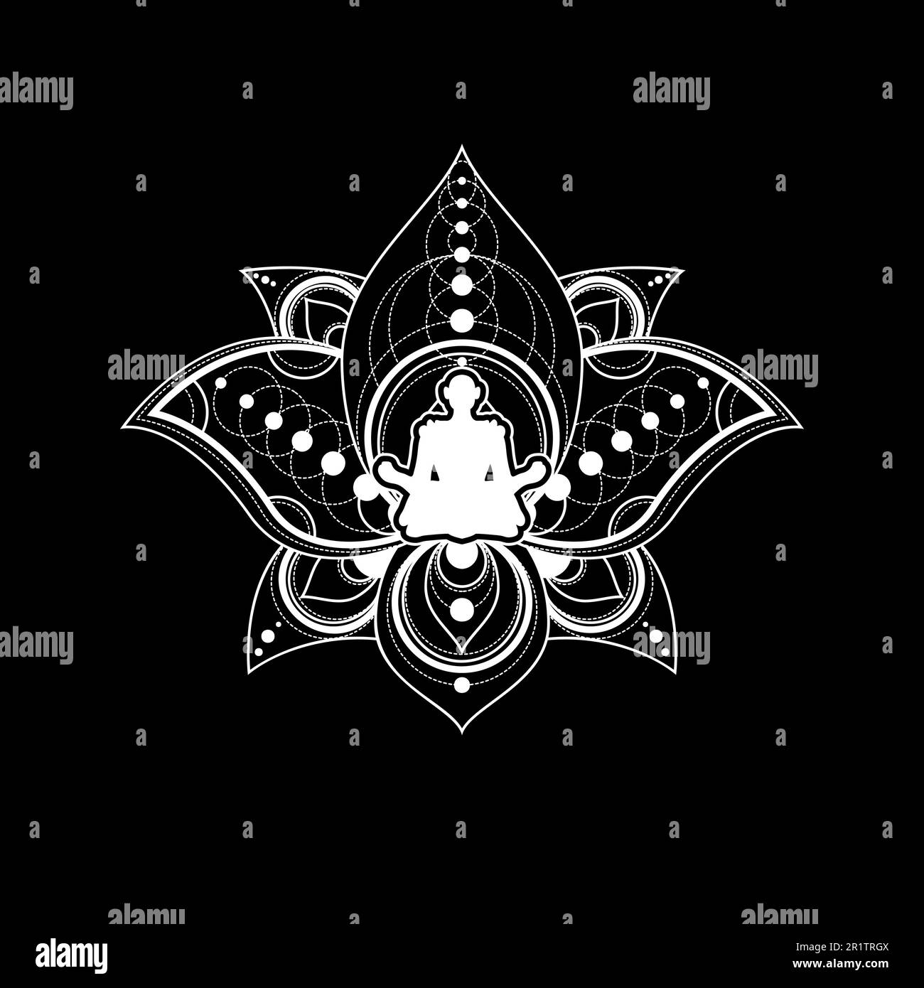 Lotus Yoga Logo Template White Outline on Black Background. Female ...