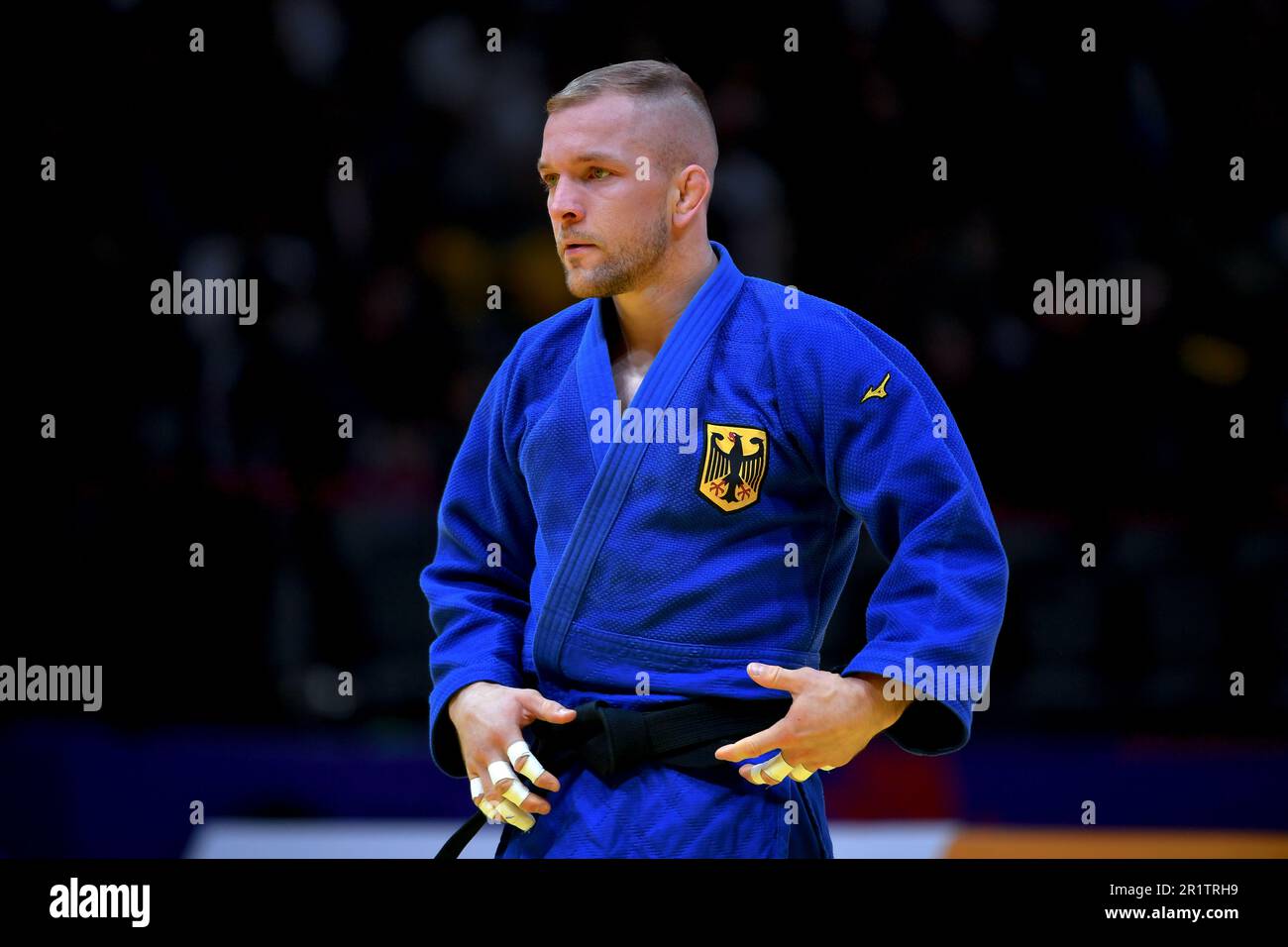Doha, Qatar, 8 May 2023. Martin Setz of Germany reacts in Men's -66kg ...