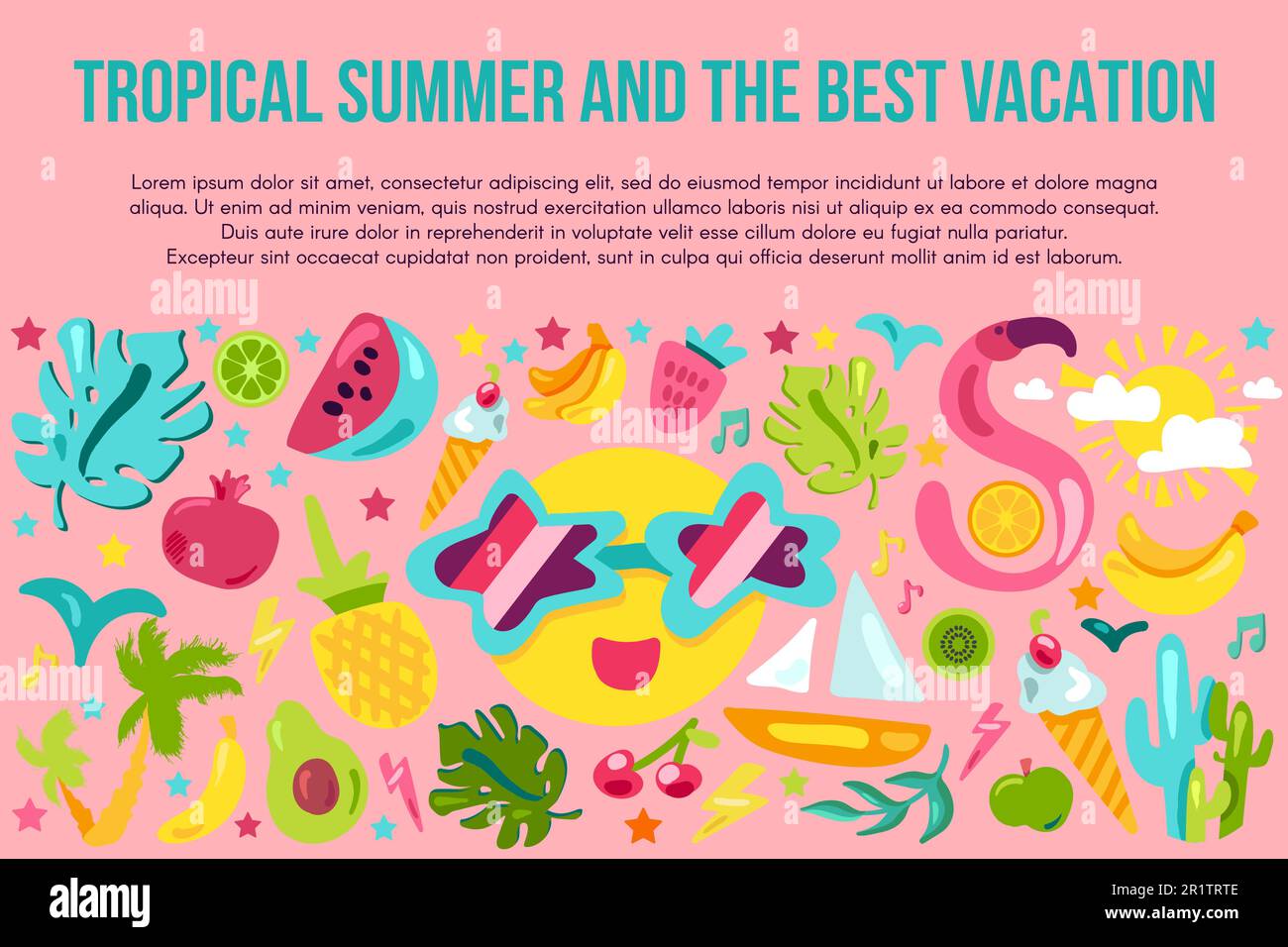 Summer vacation flat banner template. Tropical summer poster with text ...