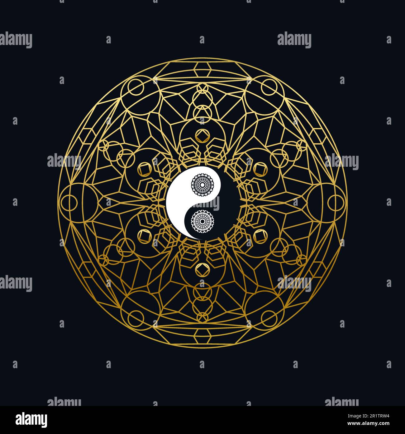 Meditation Icon Template with Golden Yin Yang Sign In Mandala Outline ...