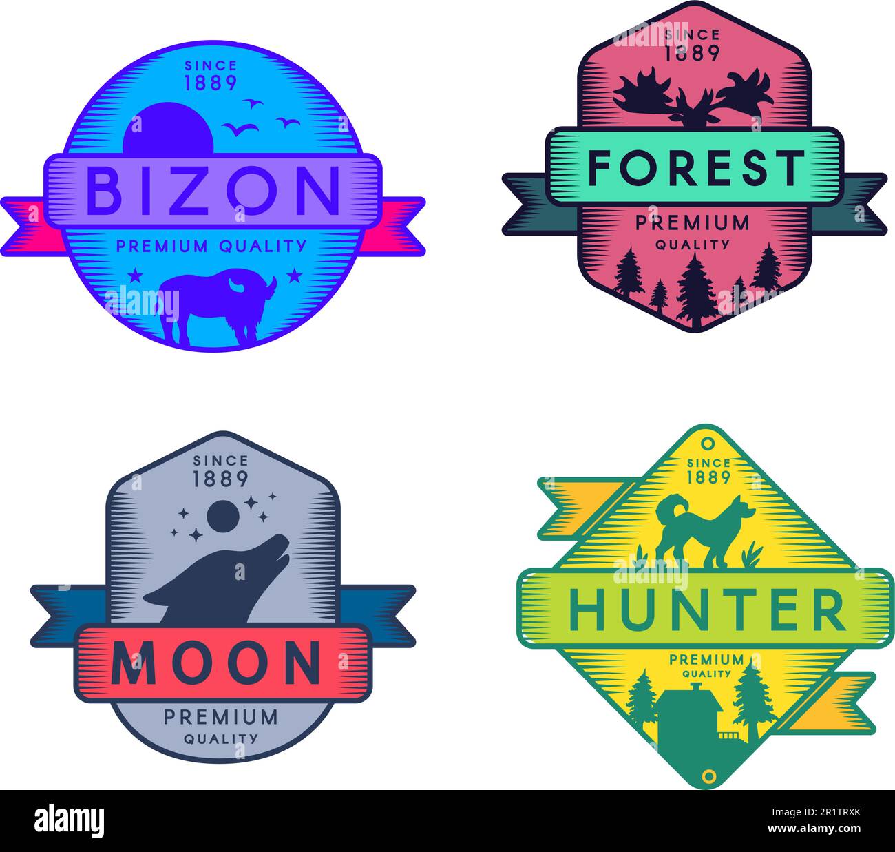 Bizon and Forest, Moon and Hunter Badges Set Logo. Colorful Assortment ...