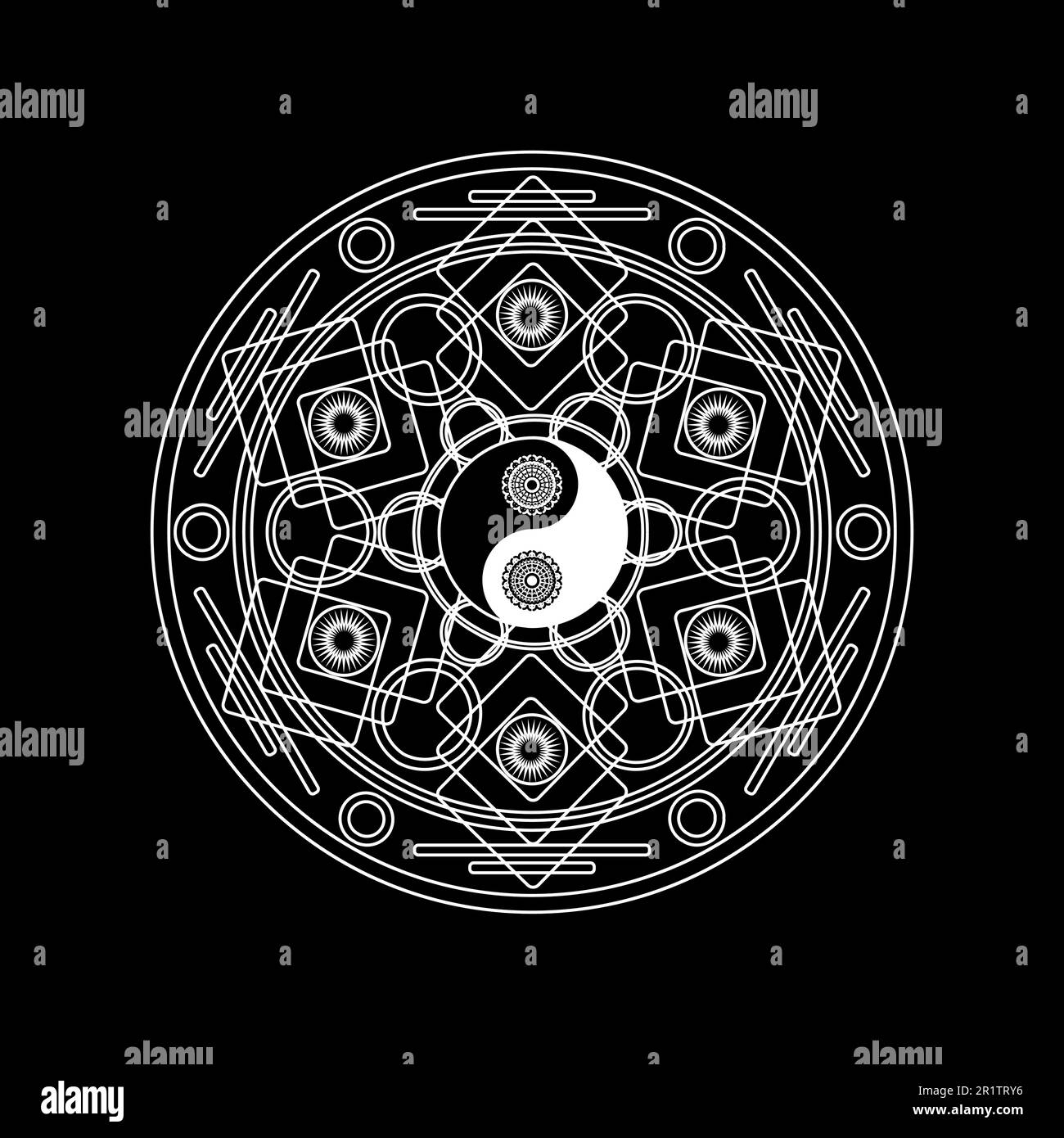 Mandala Oriental Pattern with Yin Yand Sign Outline on Black Background ...