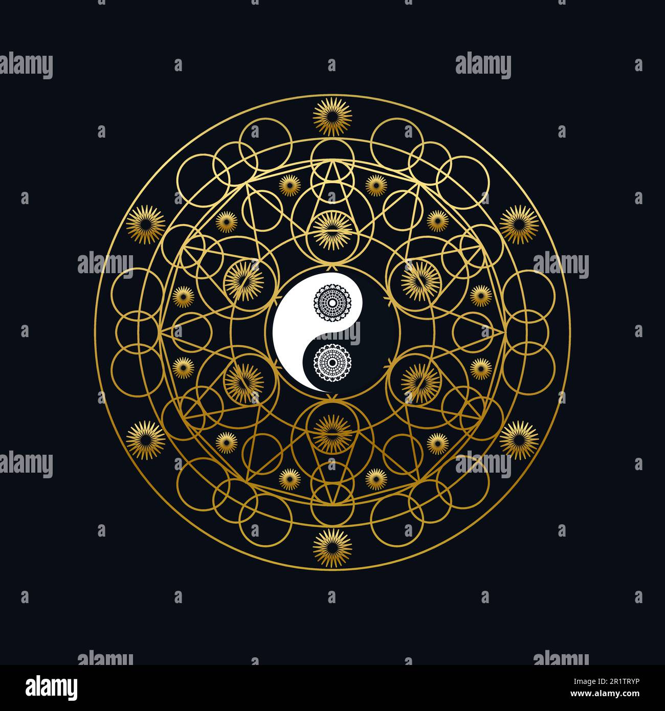 Meditation Icon Template with Golden Yin Yang Sign In Mandala Outline ...