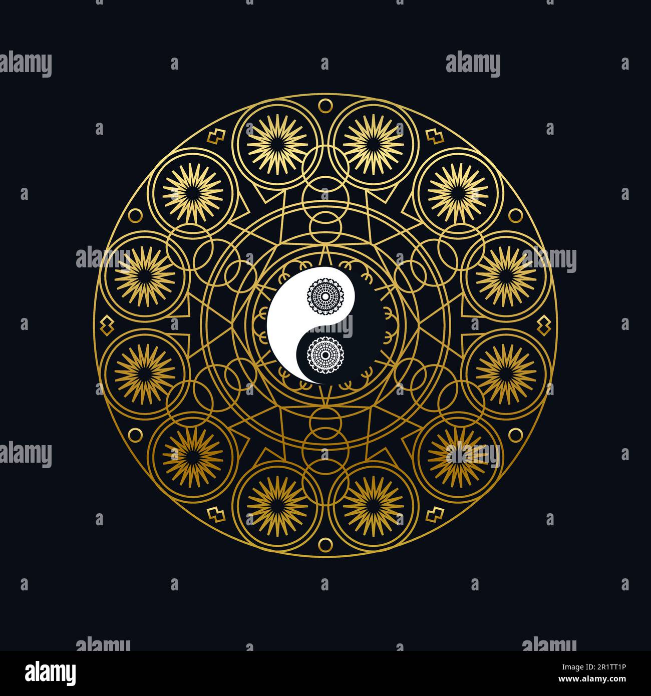 Meditation Icon Template with Golden Yin Yang Sign In Mandala Outline ...