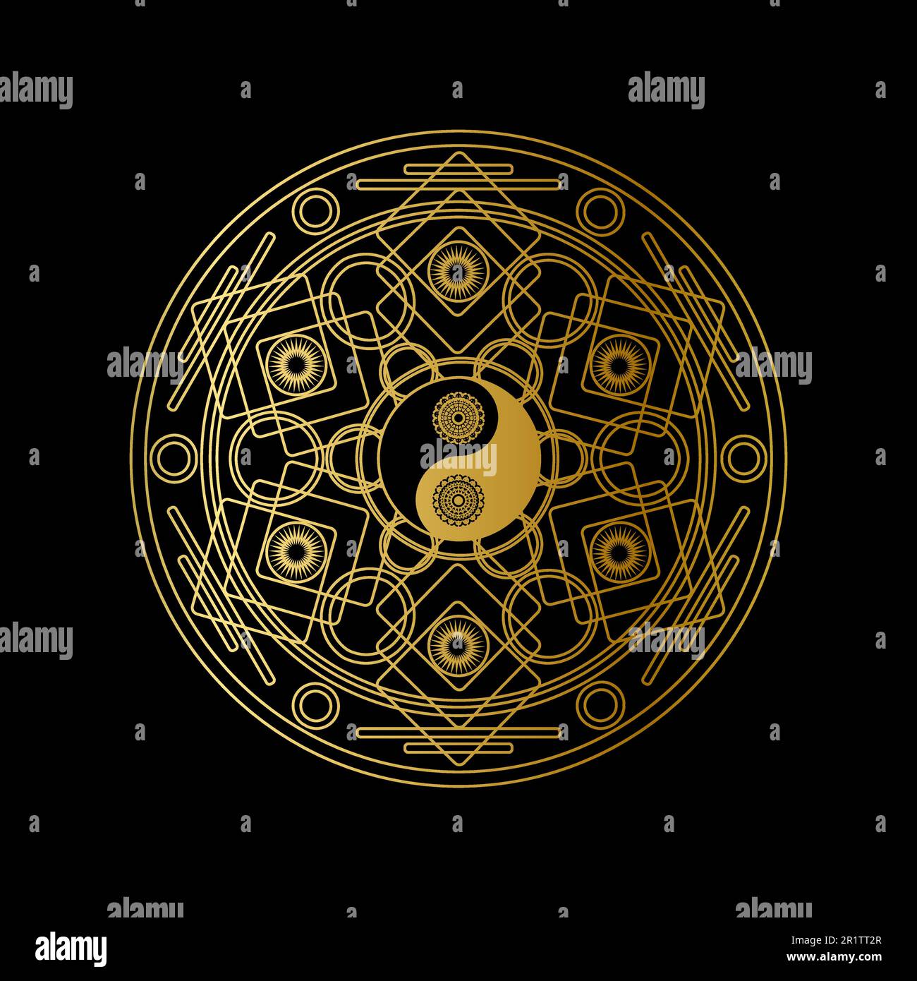 Meditation Icon Template with Golden Yin Yang Sign In Mandala Outline ...