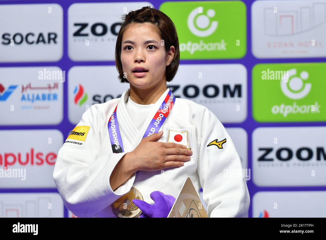 Doha, Qatar, 8 May 2023. Uta Abe of Japan posing on the podium with ...