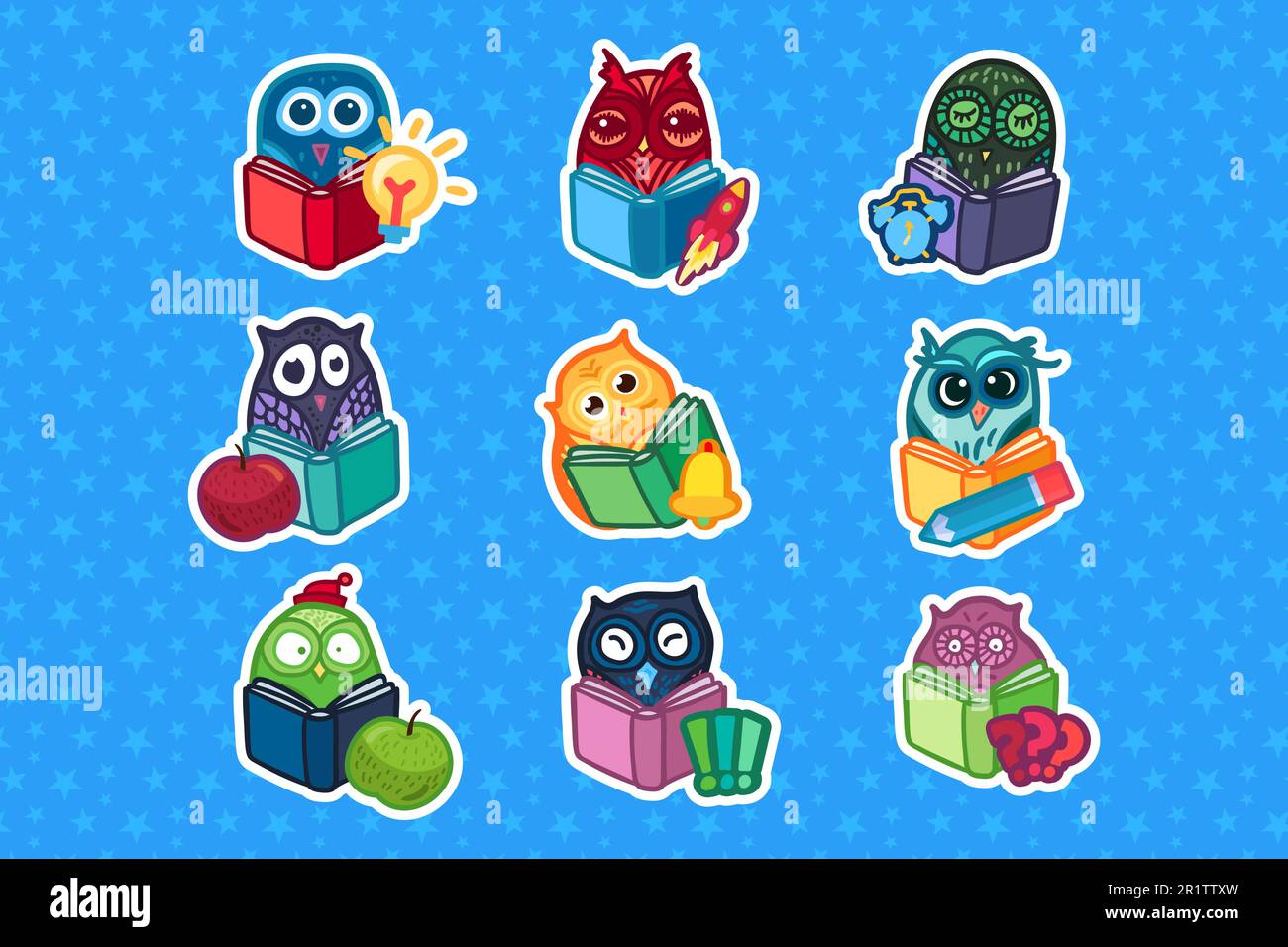 Set of cartoon owls reading books. Funny school stickers or label ...