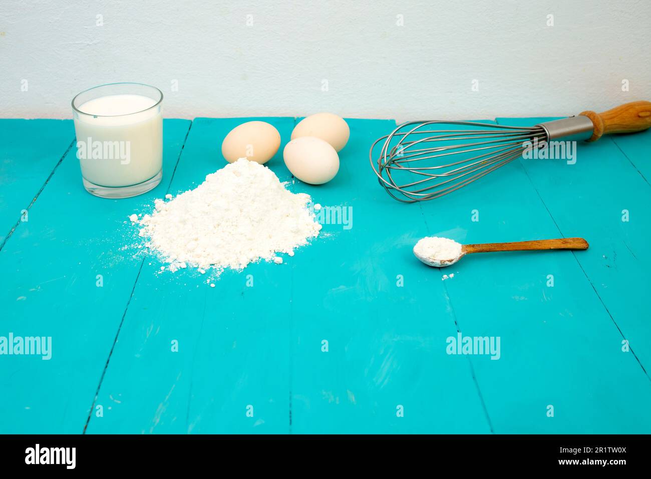 Bakery setup with baking ingredients, empty space for food product ...