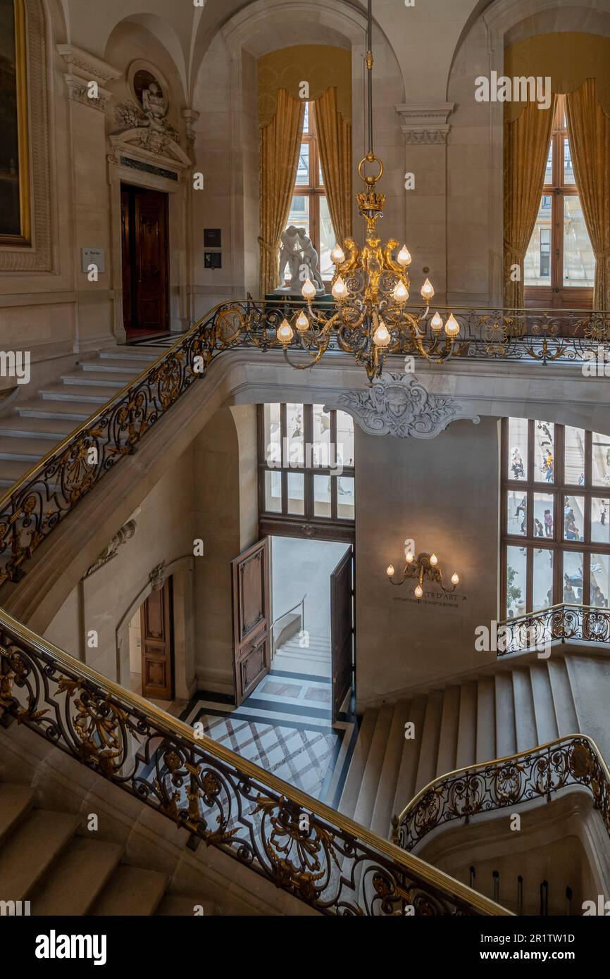 Paris, France - 05 13 2023: Louvre museum. View of a stone staircase ...