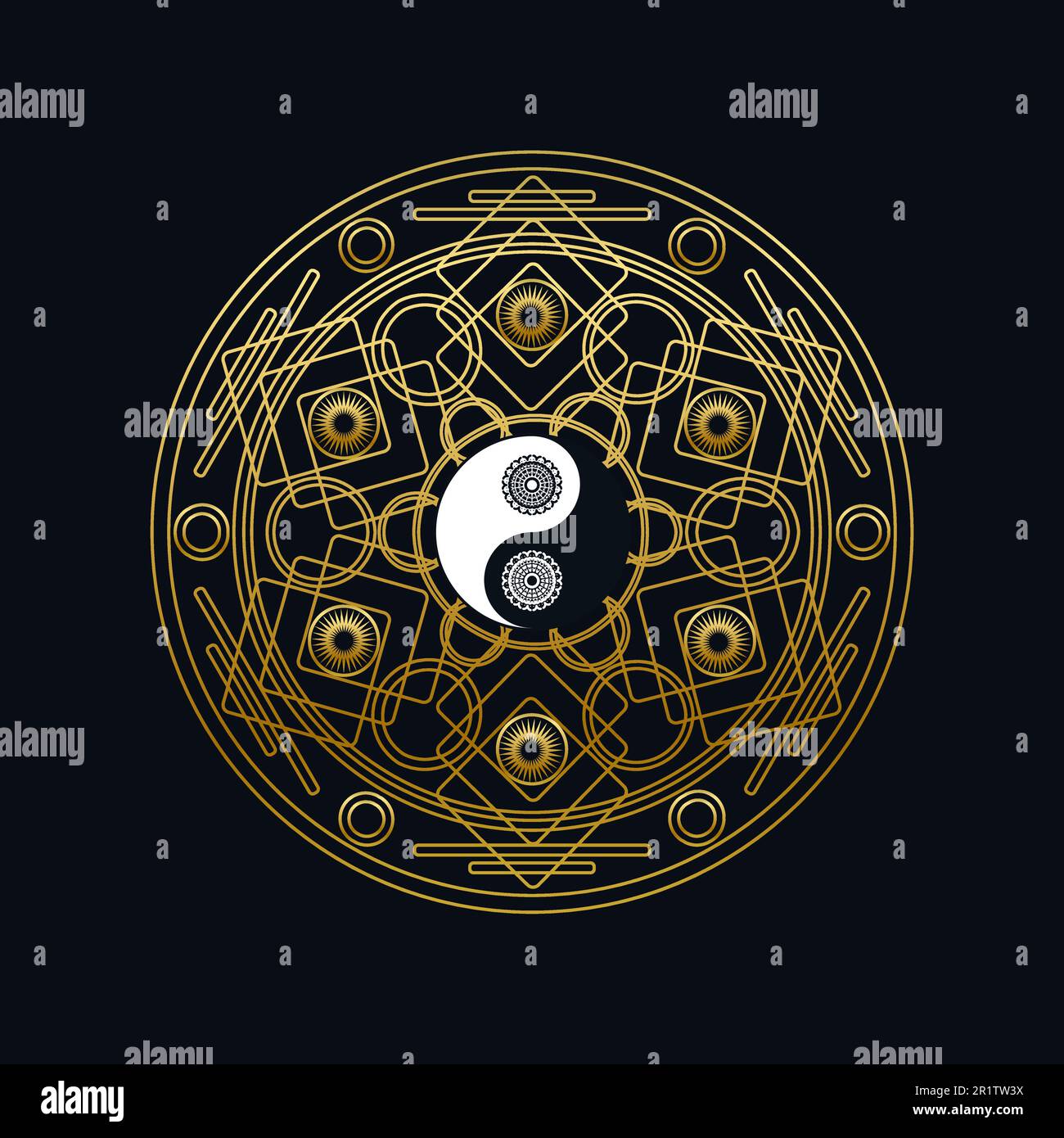 Meditation Icon Template with Golden Yin Yang Sign In Mandala Outline ...